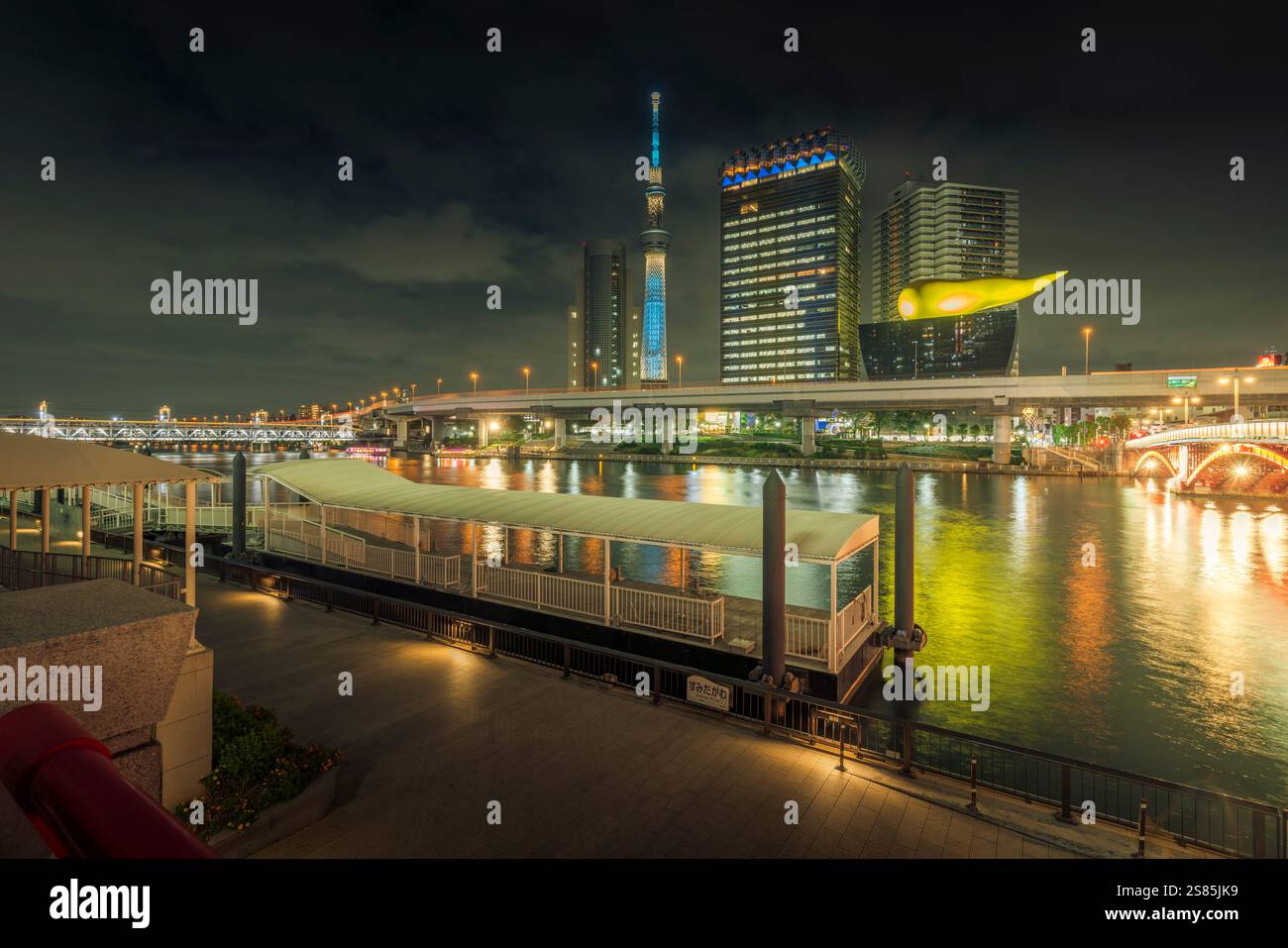 View of Tokyo Skytree, Azuma Bridge and Sumida River at night, Asakusa, Taito City, Tokyo ...