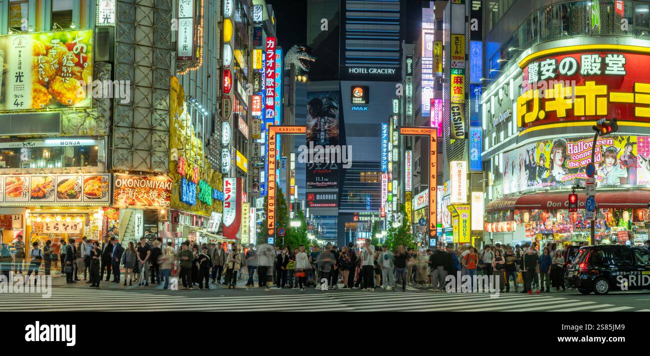 View of Godzilla's head and Kabukicho neon lit street at night ...