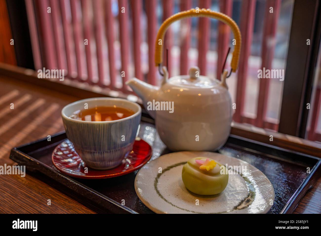 View of Mochi, traditional Japanese confectionery and tea in the ...