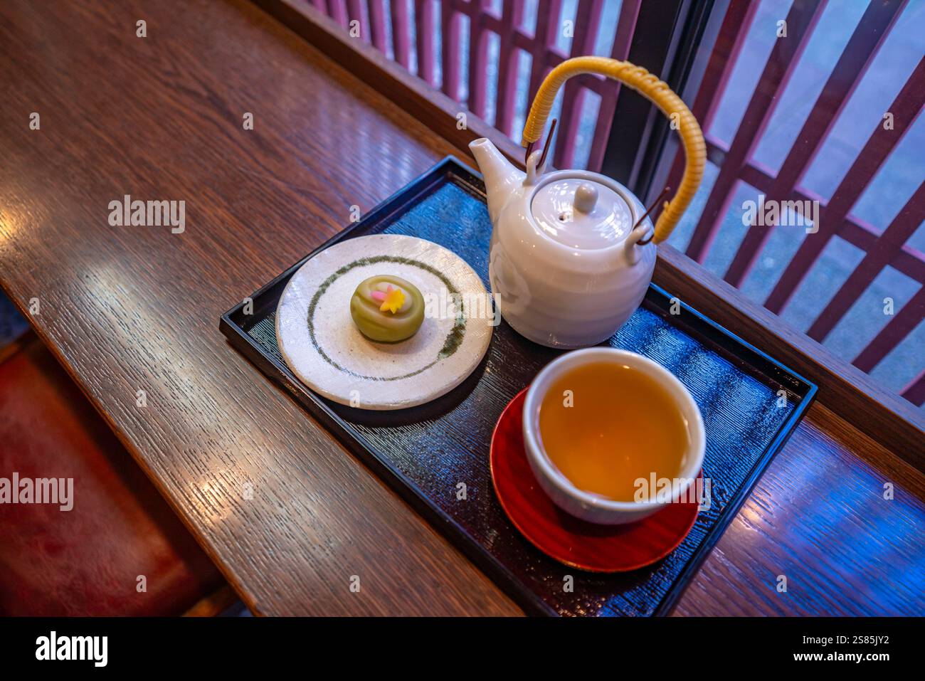 View of Mochi, traditional Japanese confectionery and tea in the ...