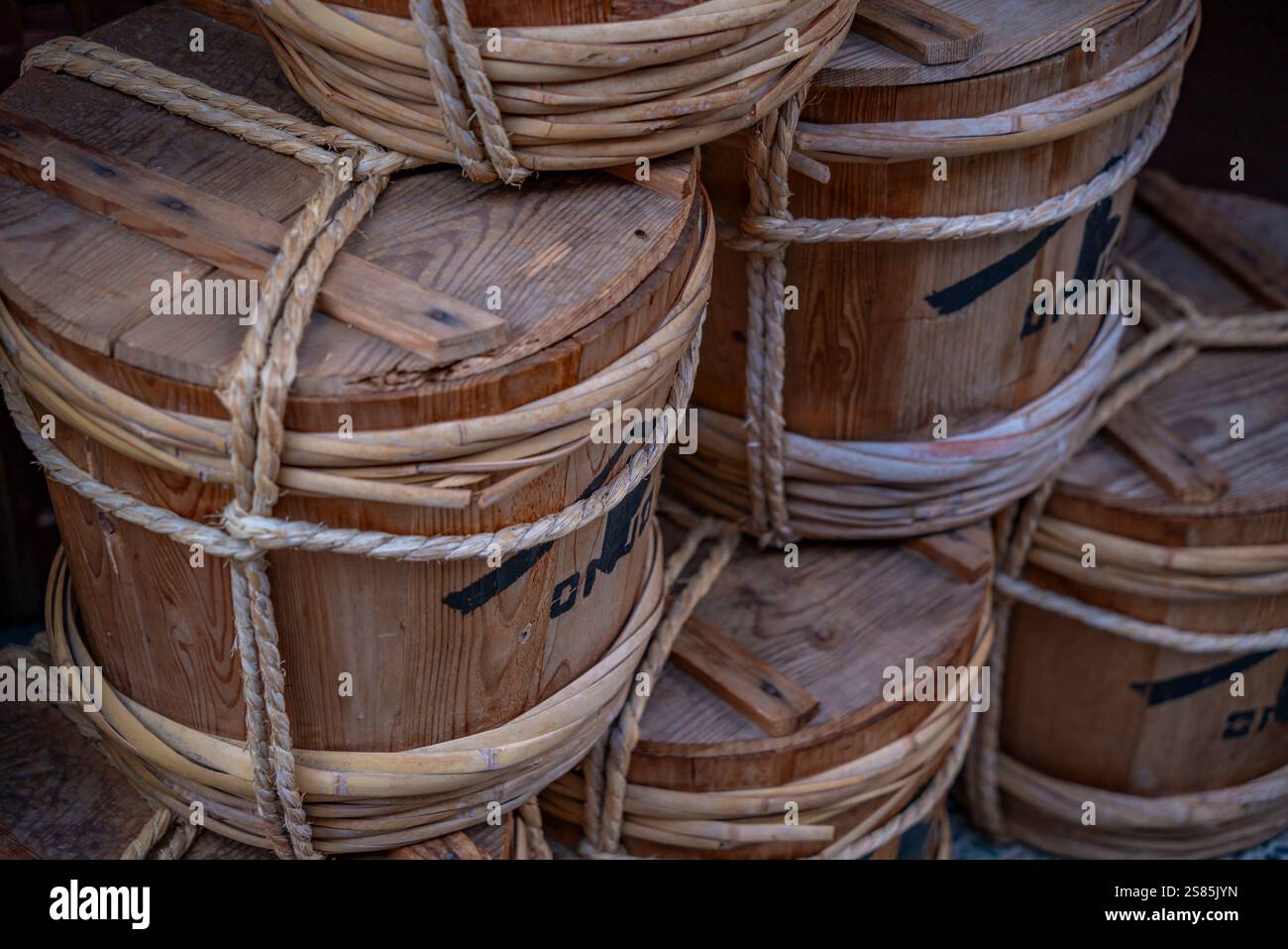 View of wooden rice buckets in the Higashi Chaya District, Kanazawa ...