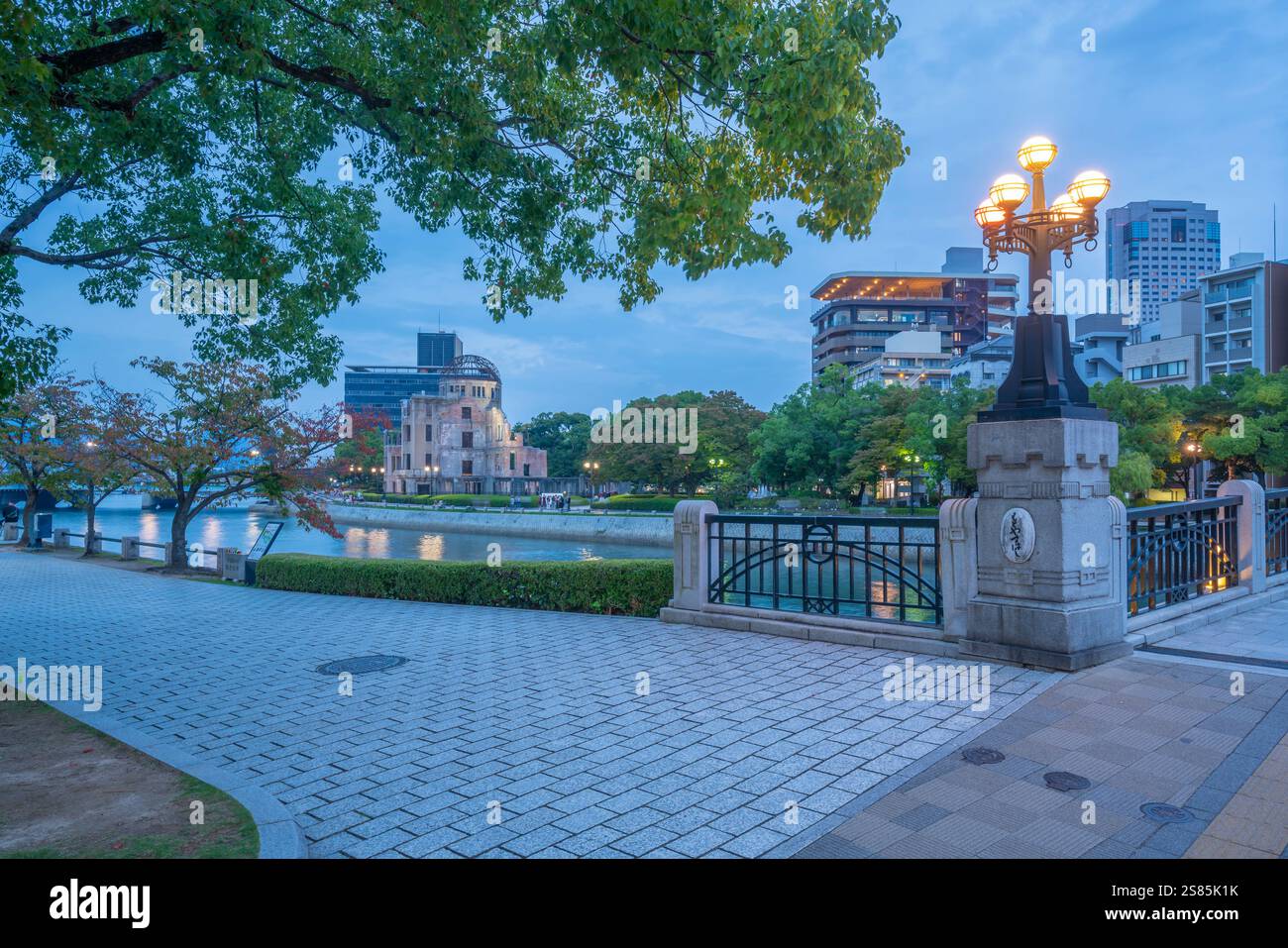 View of the skeletal ruins of the A-Bomb Dome from Motoyasu Bridge at ...