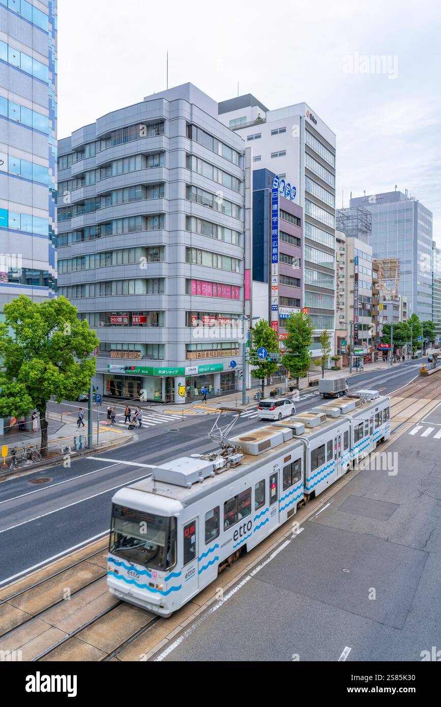 Elevated view of traffic and tram on major street during daytime ...