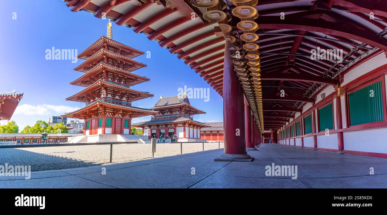 View of Shitenno-ji Gojunoto (Five Story Pagoda) and Shitenno-ji Kondo ...