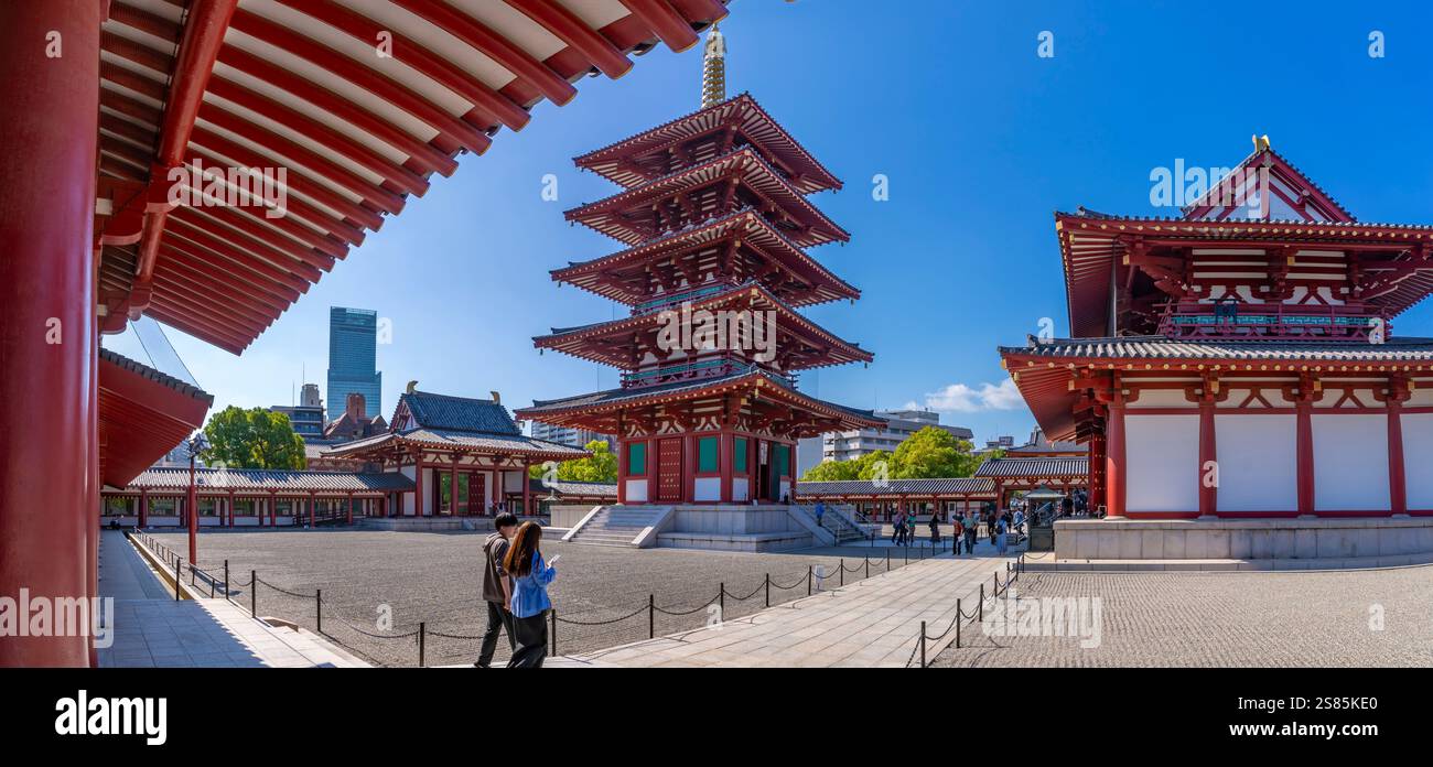 View of Shitenno-ji Gojunoto (Five Story Pagoda) and Shitenno-ji Kondo ...