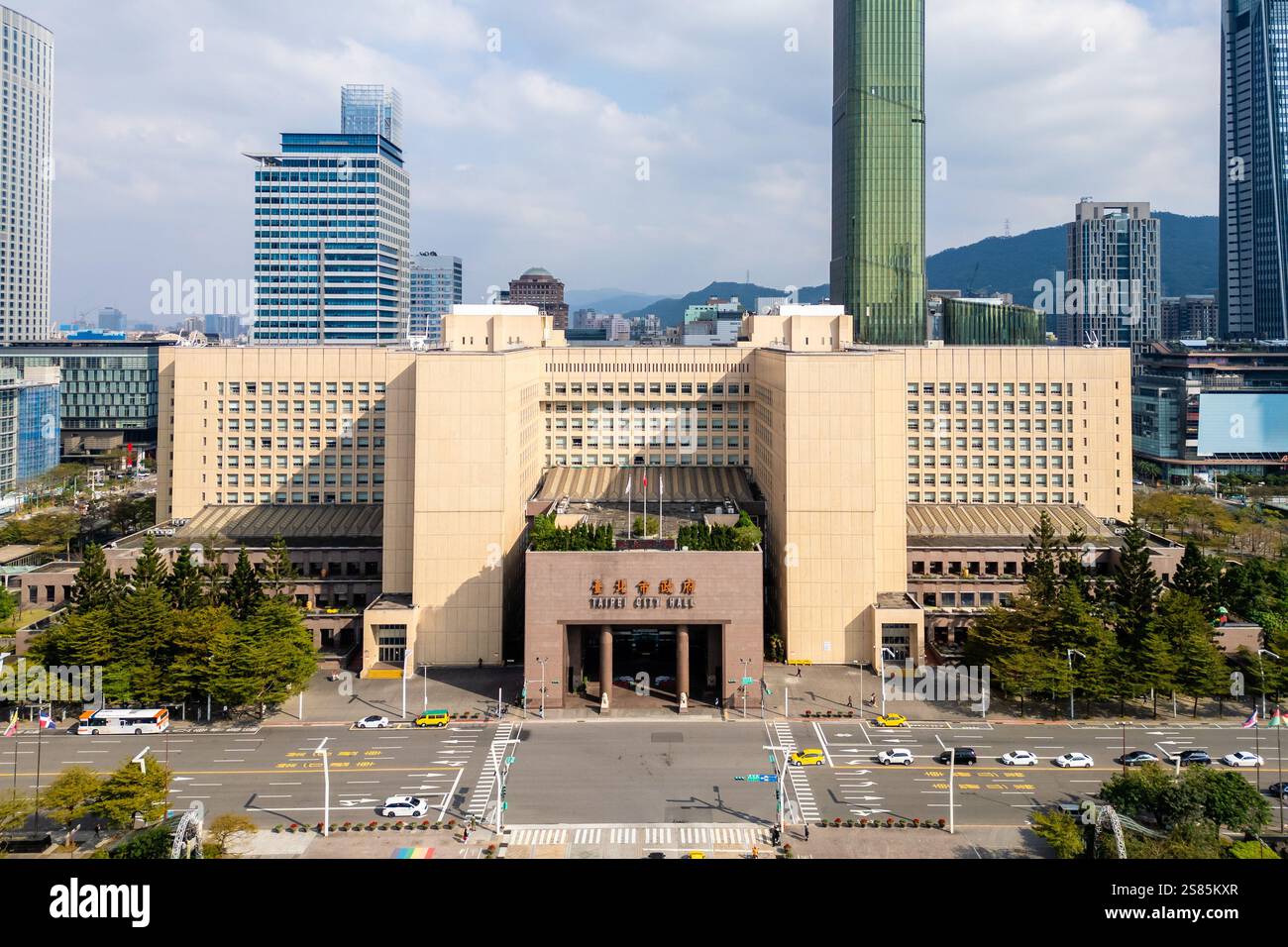 Aerial view of Taipei city hall building in Taipei, Taiwan. Translation ...