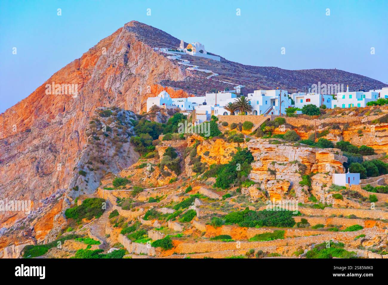 View of Chora village built on a cliff above the sea, Chora ...