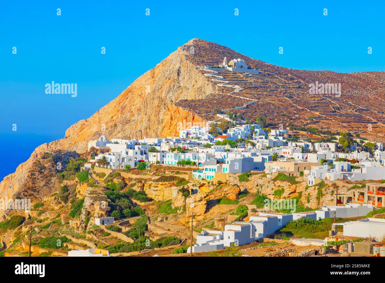 View of Chora village built on a cliff above the sea, Chora ...