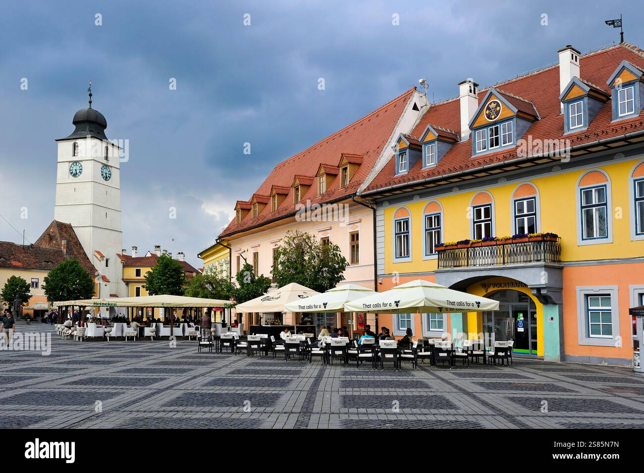 Grand Square and Council Tower, Sibiu, Transylvania, Romania Stock ...