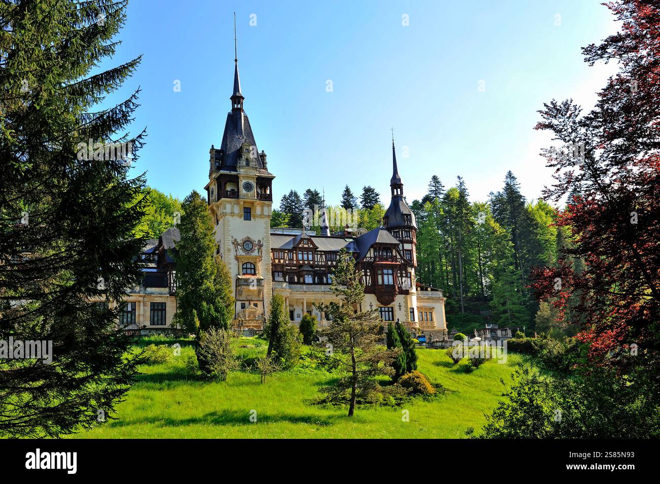Peles Castle in the Carpathian Mountains near the mountain resort of ...