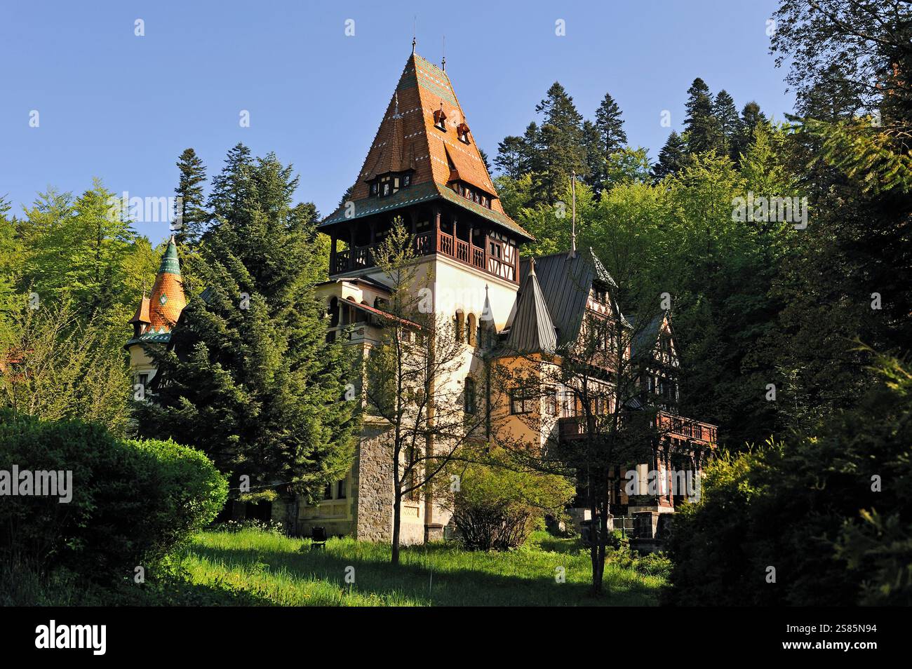 Pelisor Castle complex in the Carpathians Mountains near the mountain ...