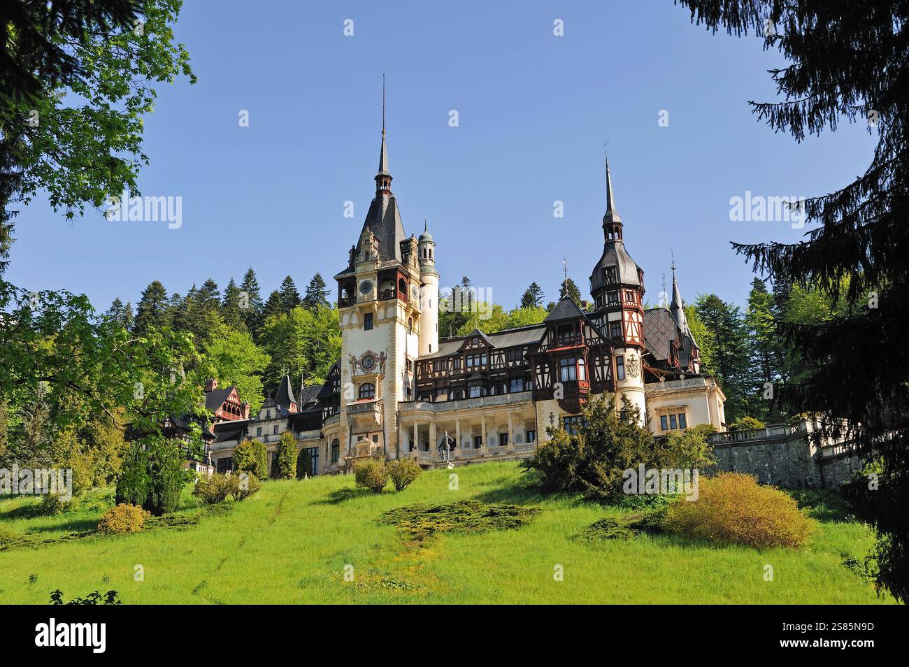 Peles Castle in the Carpathian Mountains near the mountain resort of ...