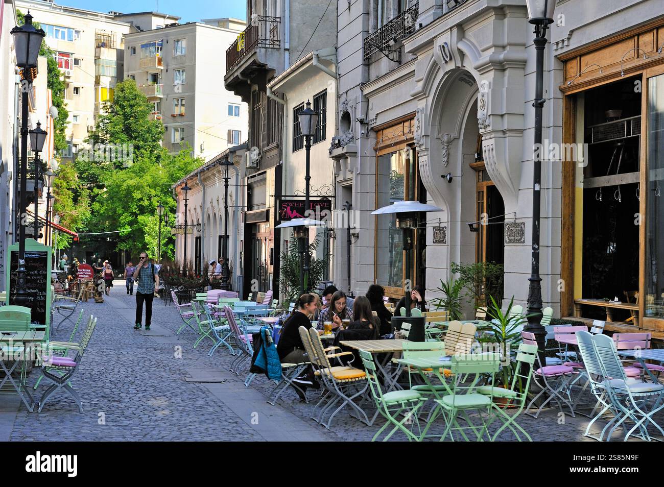 Cafe terraces in Covaci street, Lipscani district, Old Town, Bucharest ...