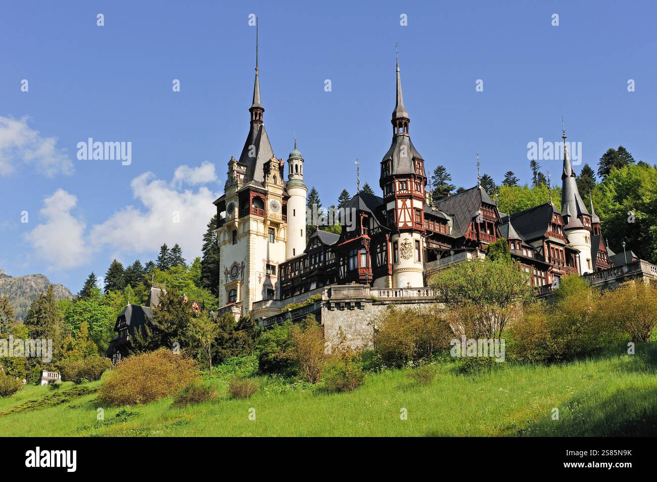 Peles Castle in the Carpathian Mountains near the mountain resort of ...