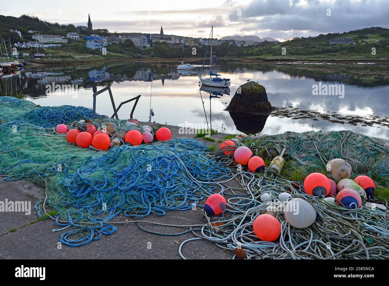 Fishing net on quay of the harbour at Clifden, Connemara, County Galway ...