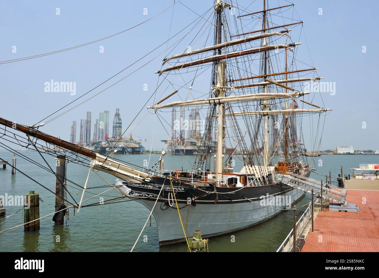 Tall ship Elissa, 1877, three-masted barque moored in port of Galveston ...