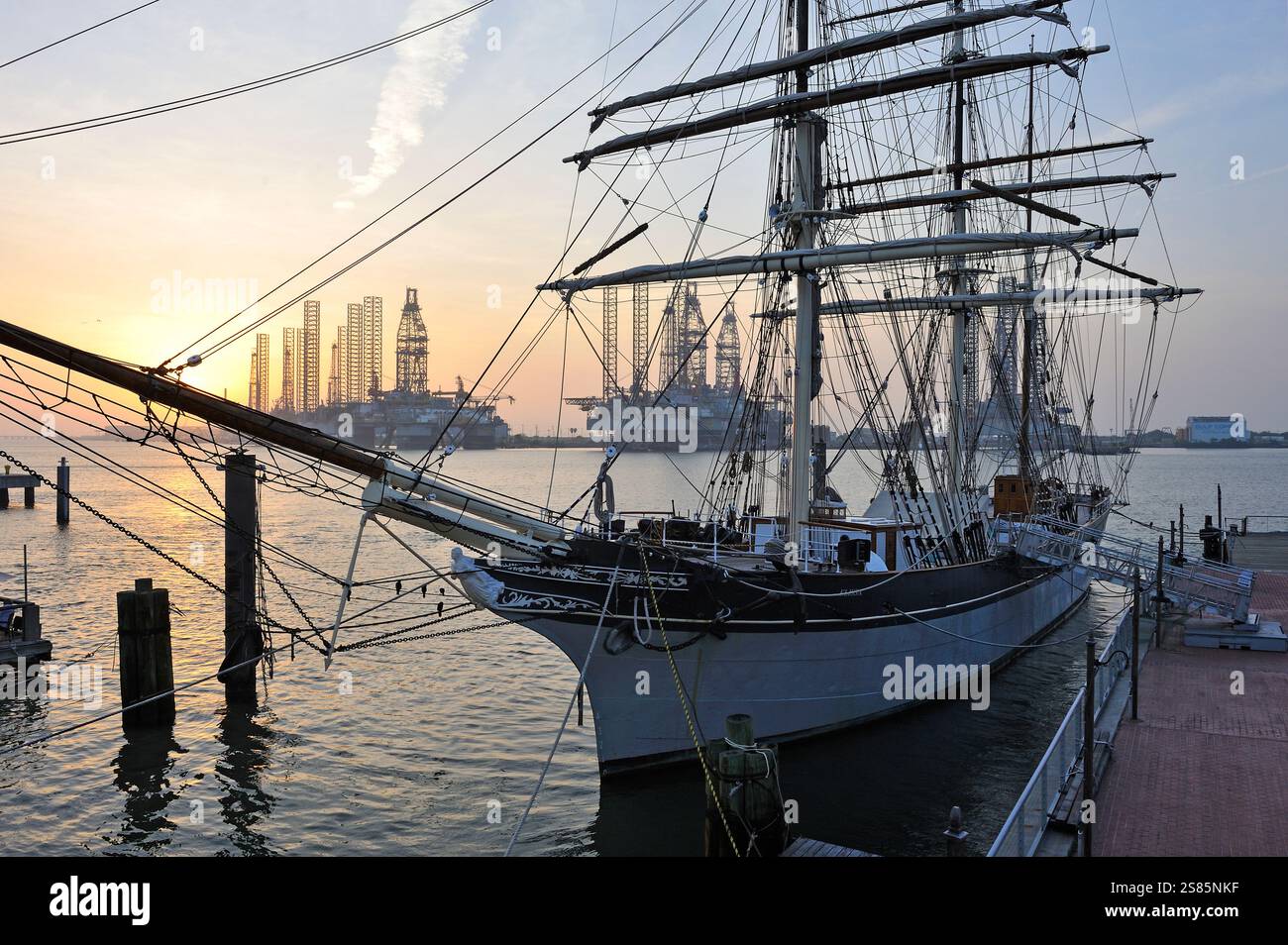 Tall ship Elissa, 1877, three-masted barque moored in port of Galveston ...