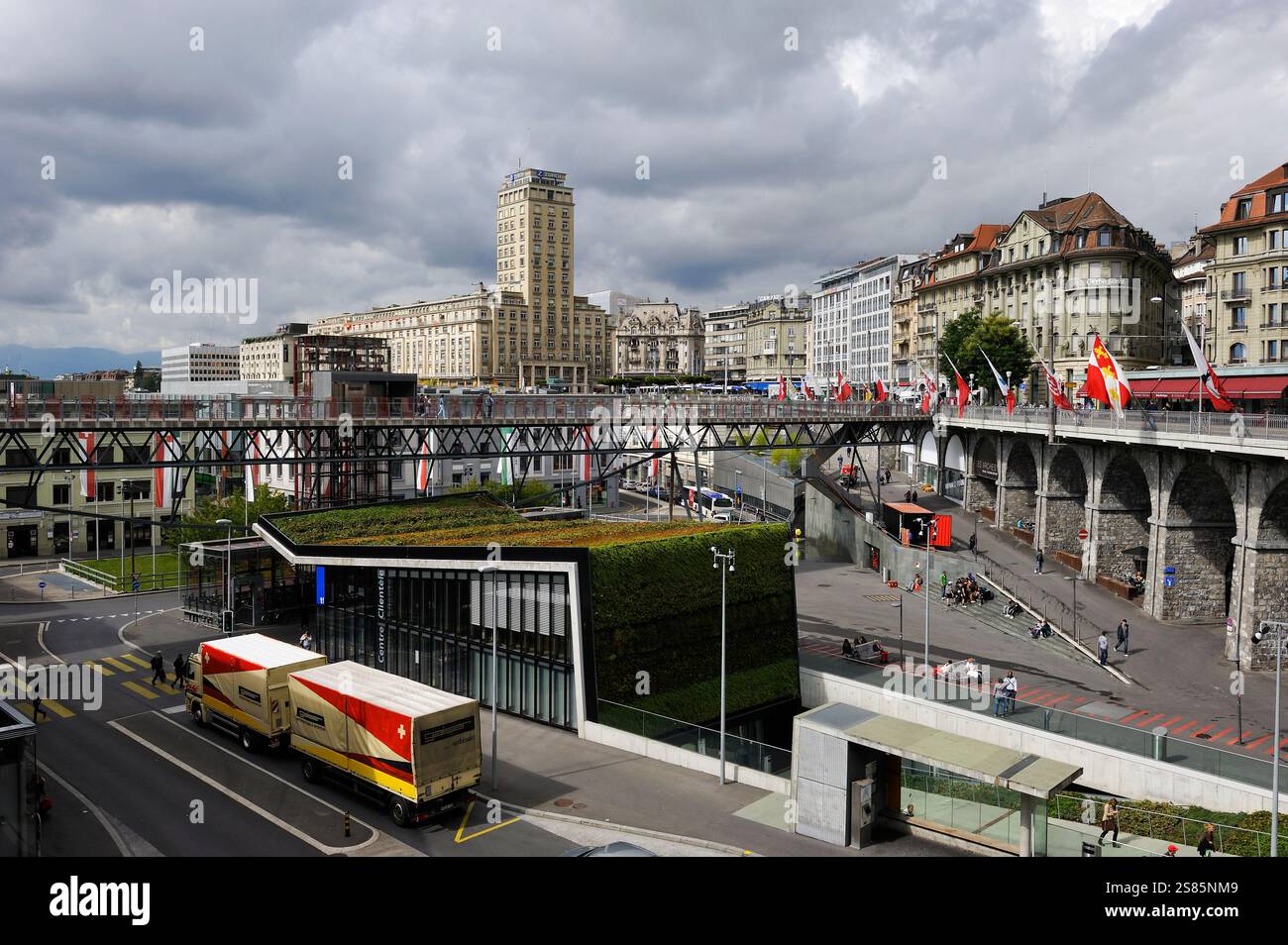 Subway station, Grand-Pont, elevator and footbridge in Le Flon district ...