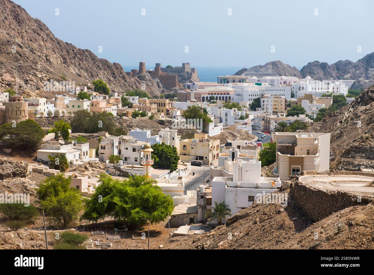 View of Old Muscat from the mountain road, Muttrah, Muscat Port ...