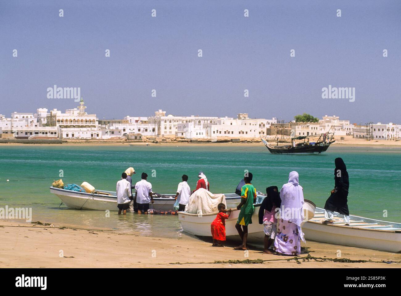 Fishing rowing boat on the beach of Sur, Sultanate of Oman, Arabian ...