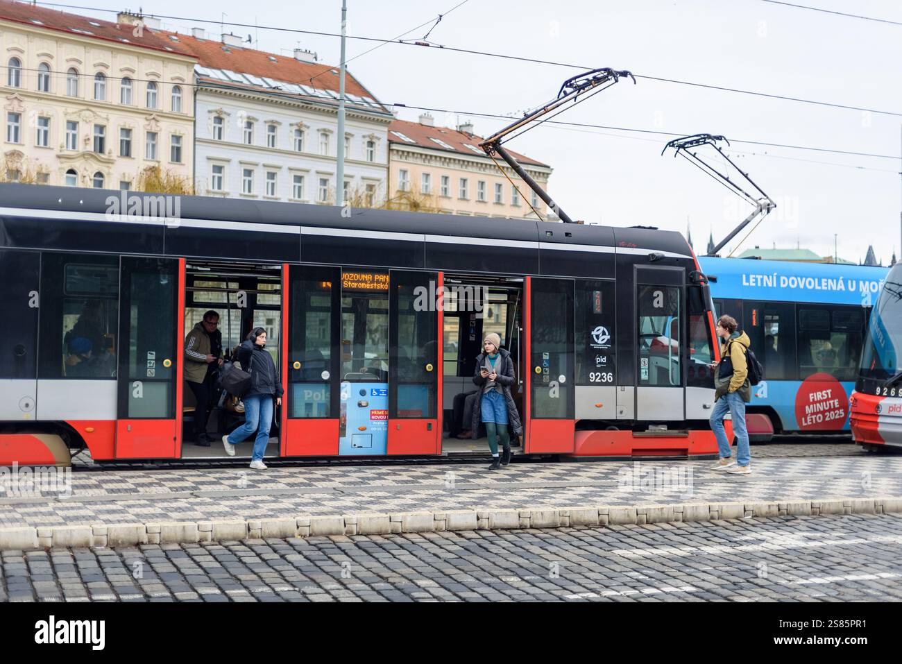 Modern tram public transportation in the streets of Prague, capital of ...