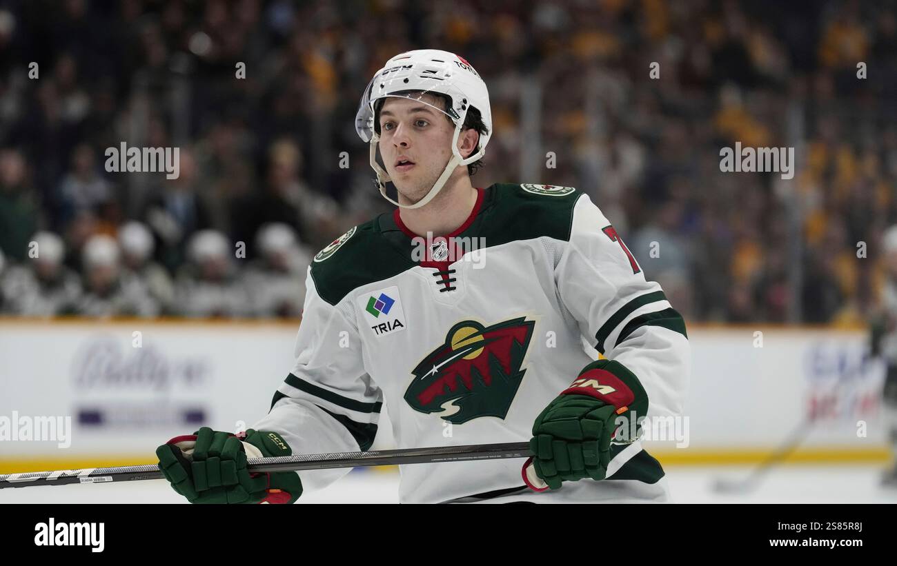 Minnesota Wild defenseman Brock Faber plays against the Nashville ...