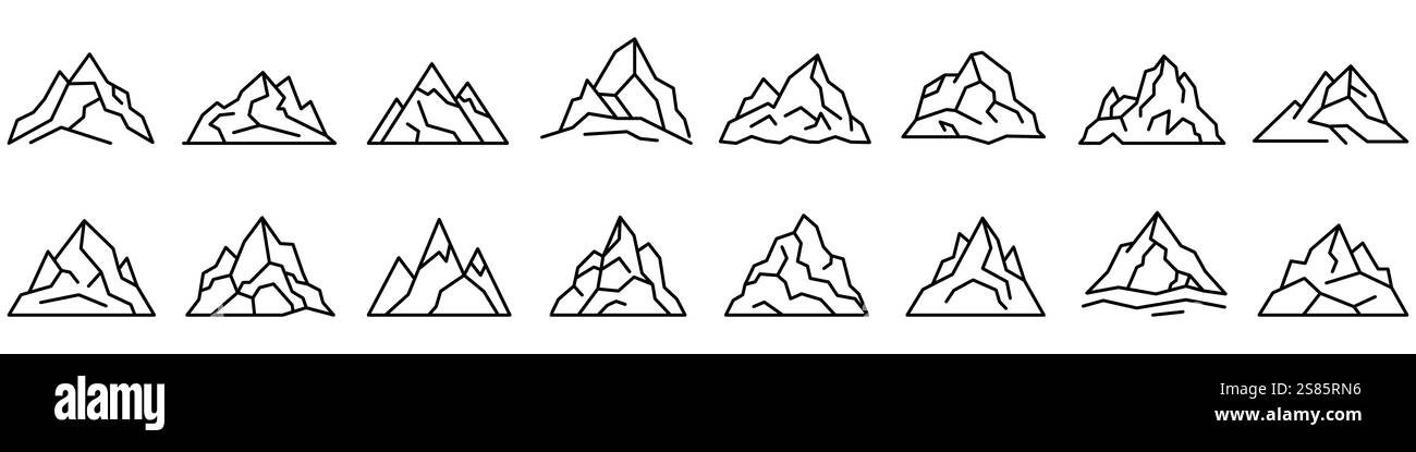Mountain icon. Set of black linear mountain icons. Mountain symbol ...