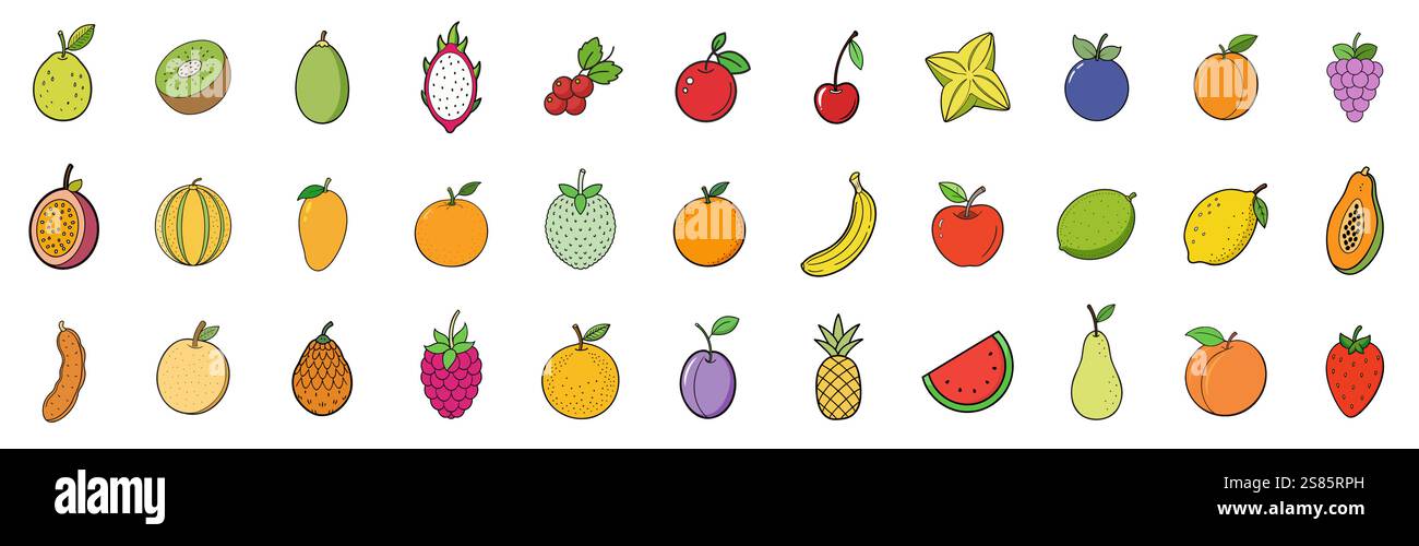 Fruits icons. Set of color icons of fruits and berries. Fruits and ...