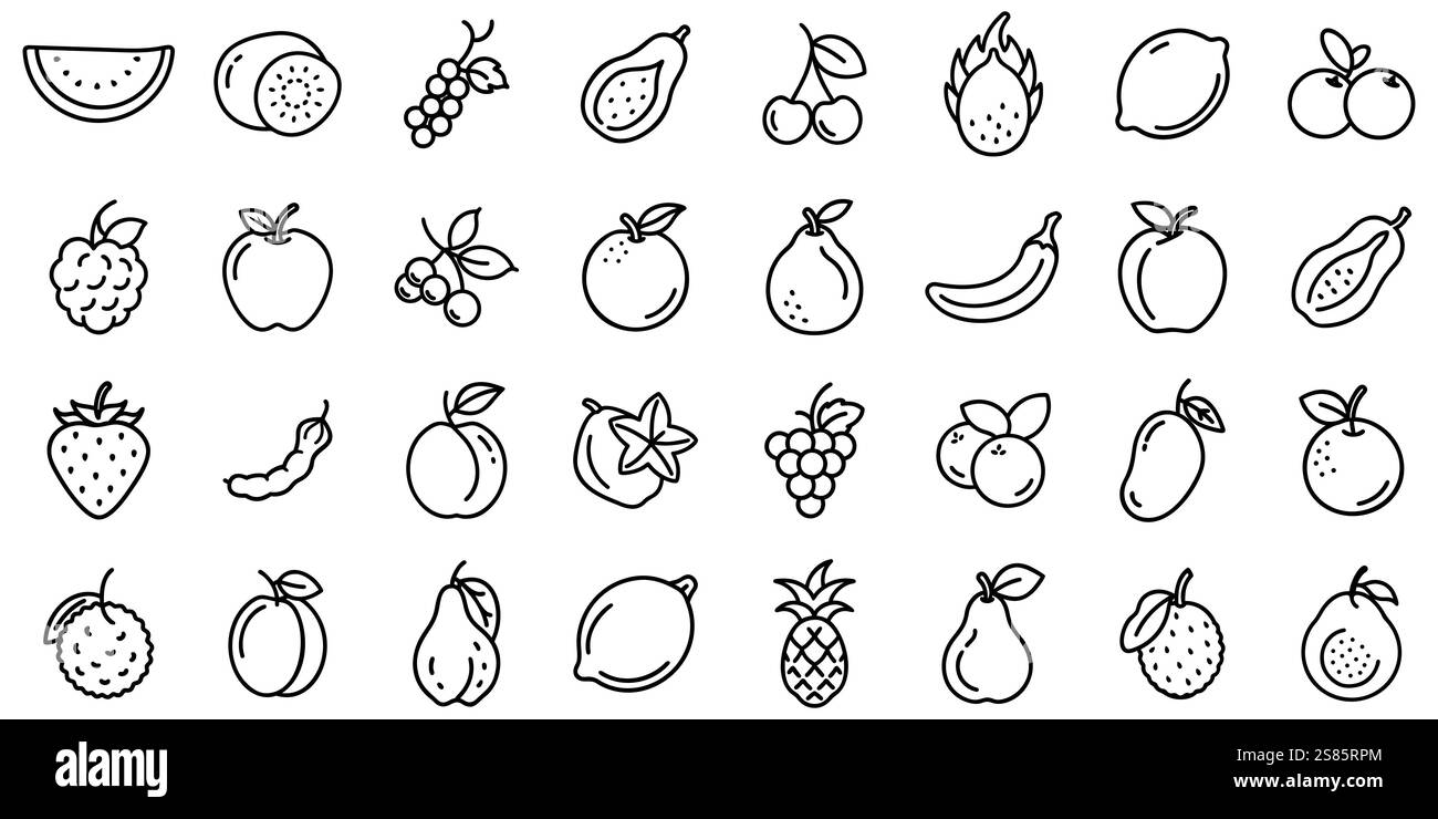 Fruits icons. Set of black linear icons of fruits and berries. Fruits ...