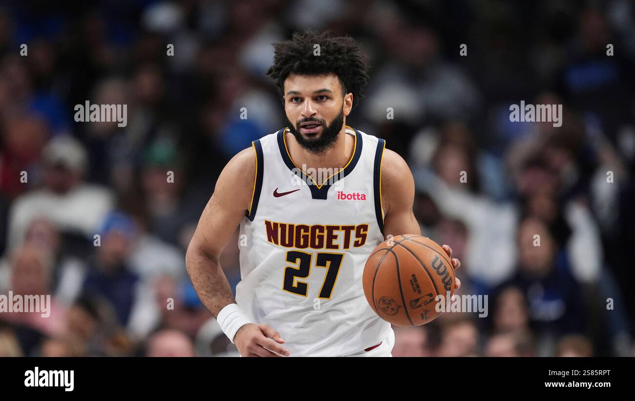 Denver Nuggets guard Jamal Murray advances the ball against the Dallas ...