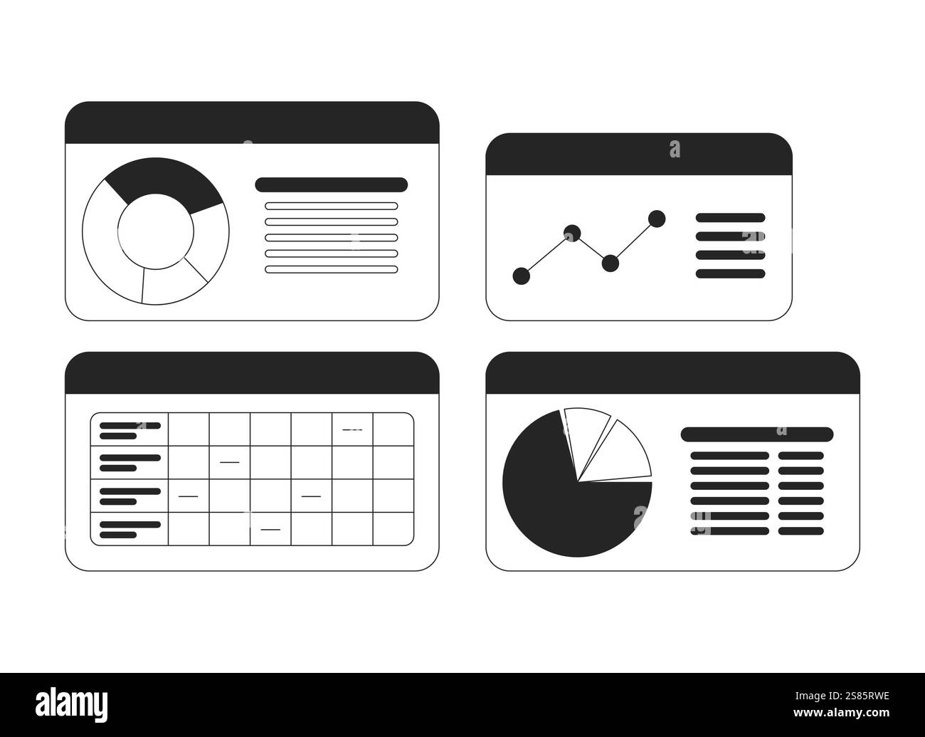 Business dashboard with pie charts and graphs black and white 2D line objects set Stock Vector ...