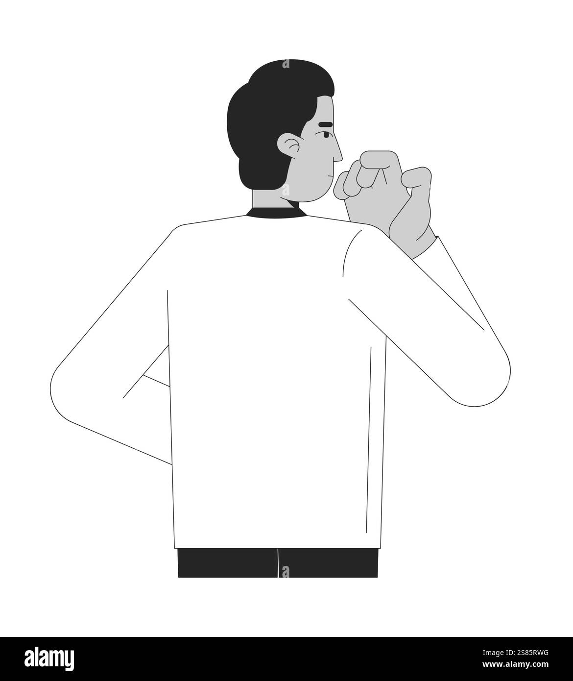 Thoughtful guy raising hand to mouth serious black and white 2D line ...