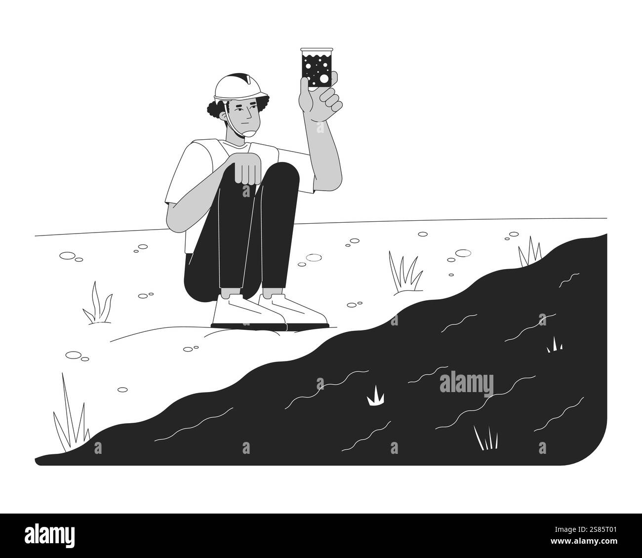 Field worker testing river water quality linear illustration Stock ...