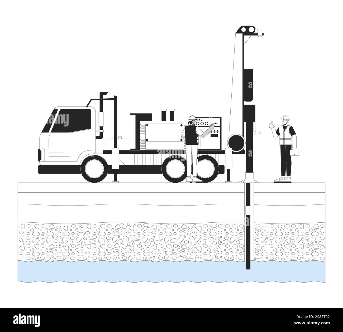Water well drilling with groundwater layers linear illustration Stock ...
