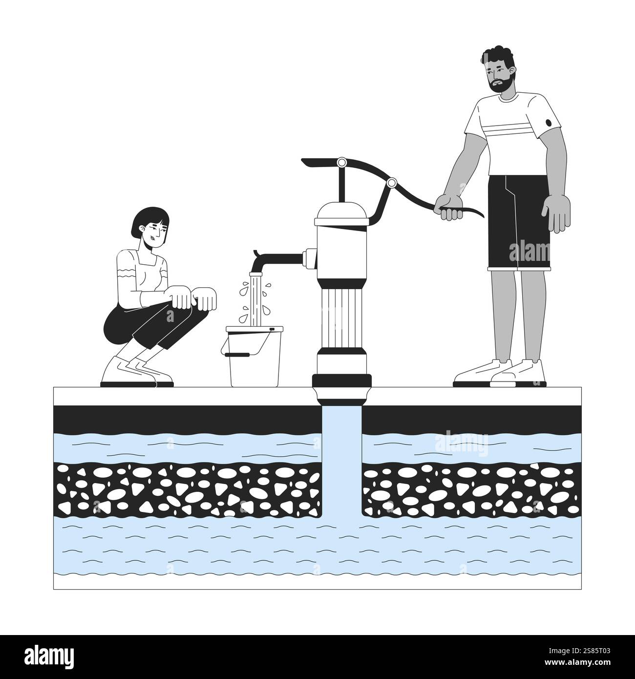 Hand water pump usage for groundwater extraction linear illustration ...