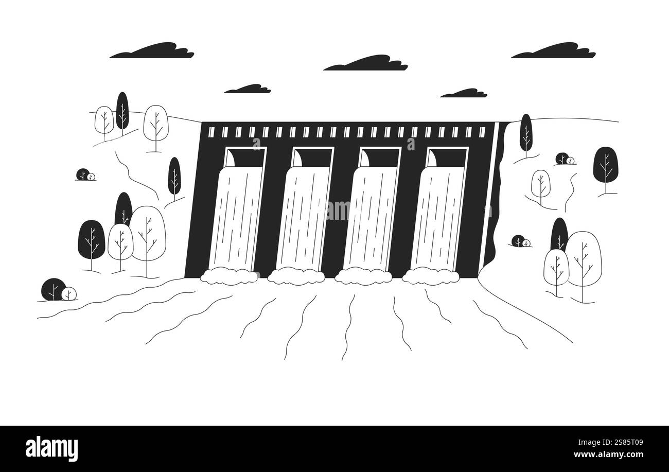 Hydroelectric dam with flowing water amid hills linear illustration ...