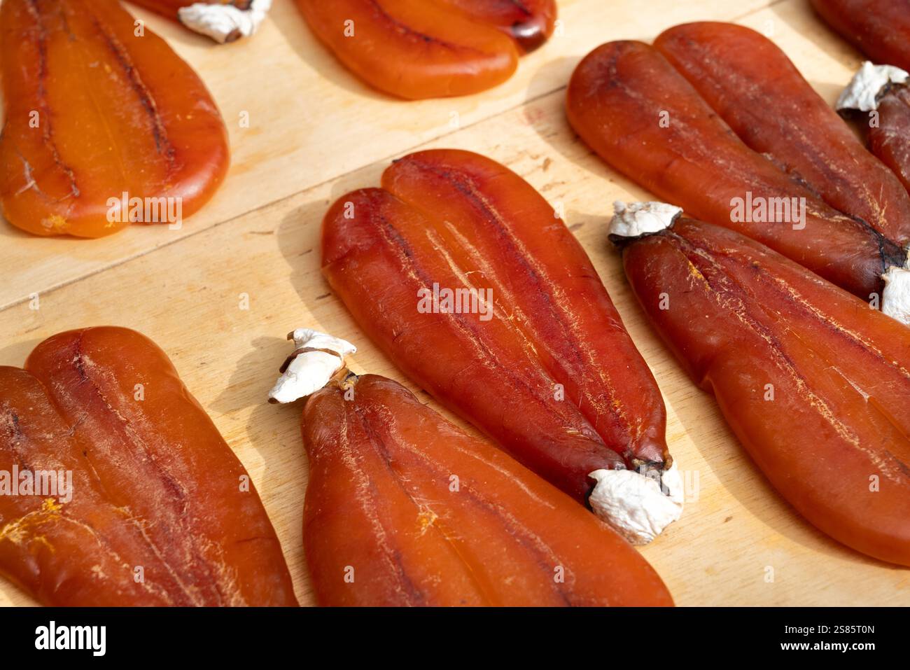 Making process of fresh mullet roe, dried using sun exposure and shade ...