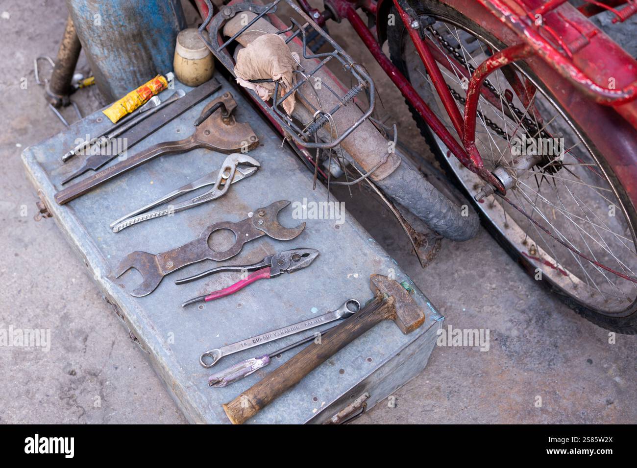 Vintage and simple bicycle repair tools in one street maintenance shop ...