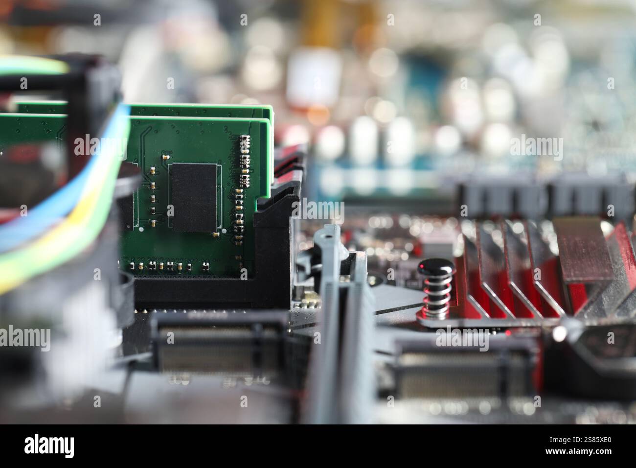 Computer motherboard with RAM chip as background, closeup. Electronic ...