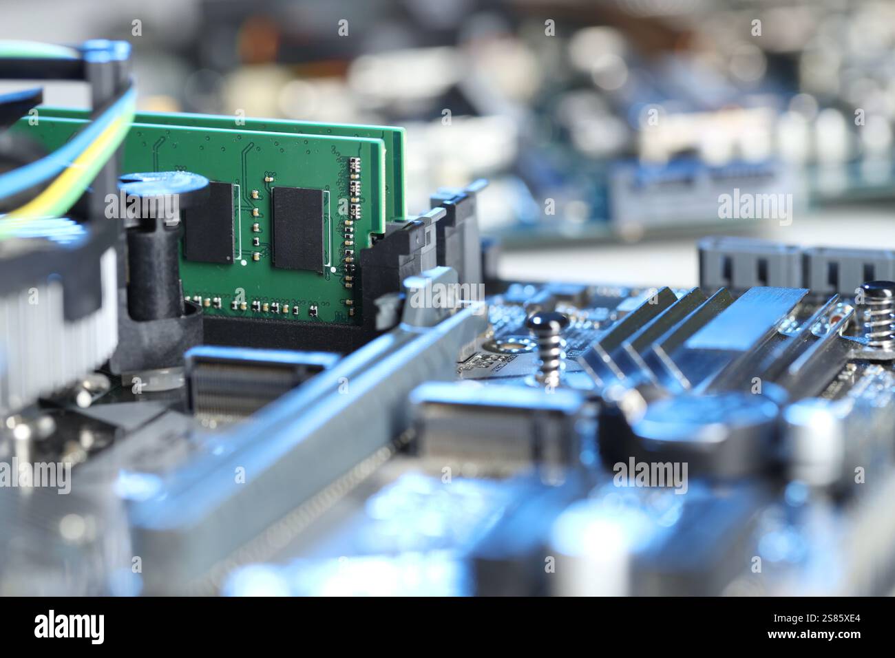 Computer motherboard with RAM chip as background, closeup. Electronic ...