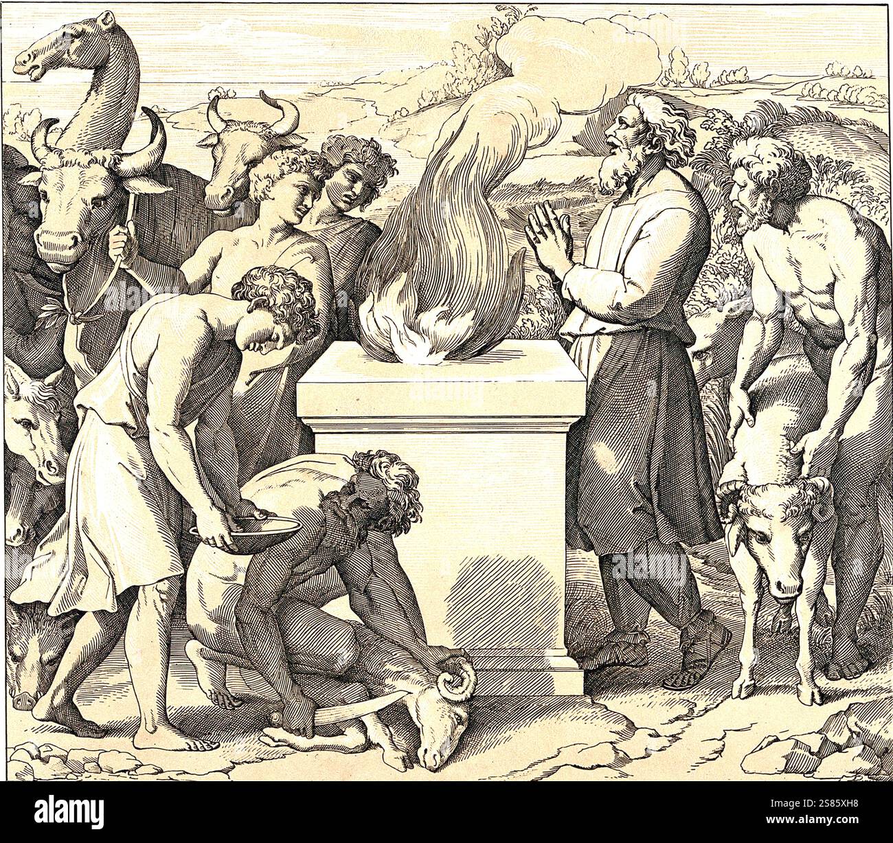 Noah verbrennt nach dem Ende der Sintflut Opfer auf einem Altar ...