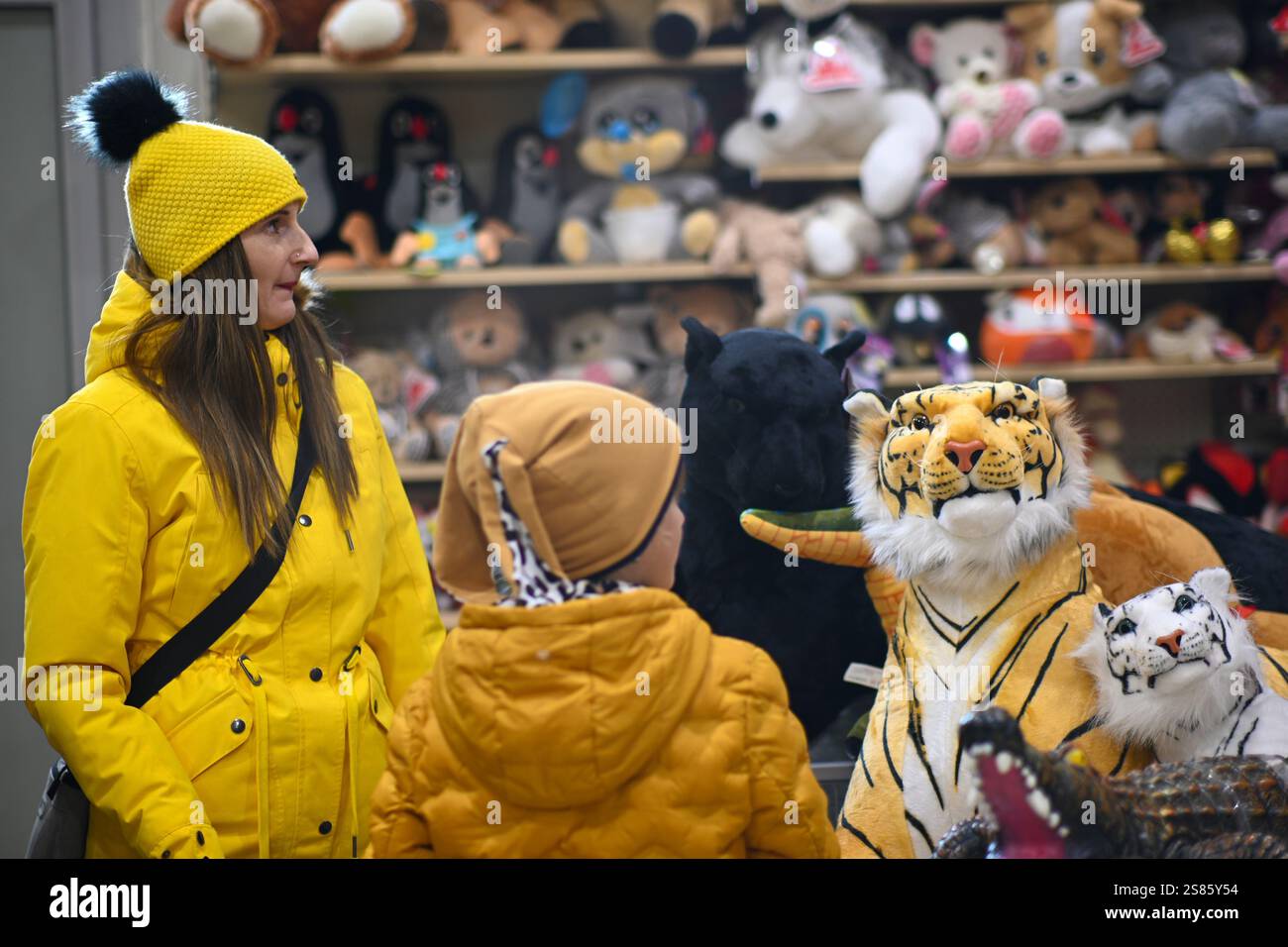Mother and child choosing a stuffed animal in a toy store, shopping for ...