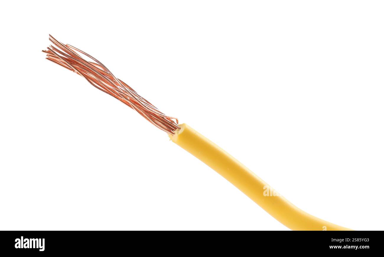 Stripped electrical wire with copper strands on white background Stock ...