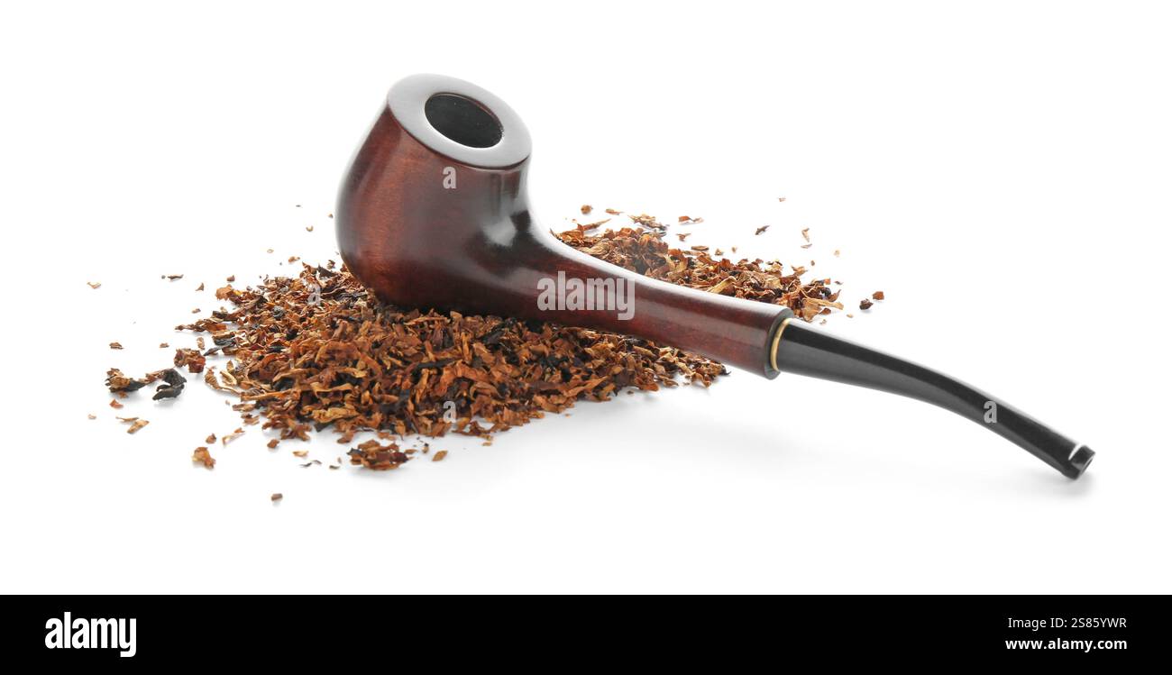 Dry tobacco and smoking pipe isolated on white Stock Photo - Alamy