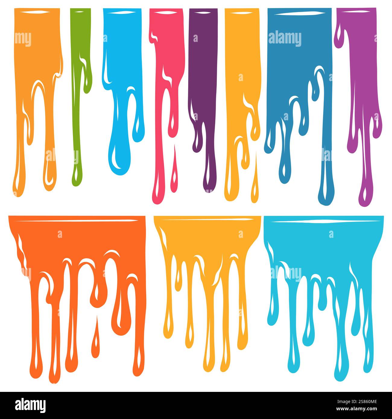 Set of colorful paint drips flows down isolated from background. Clip ...