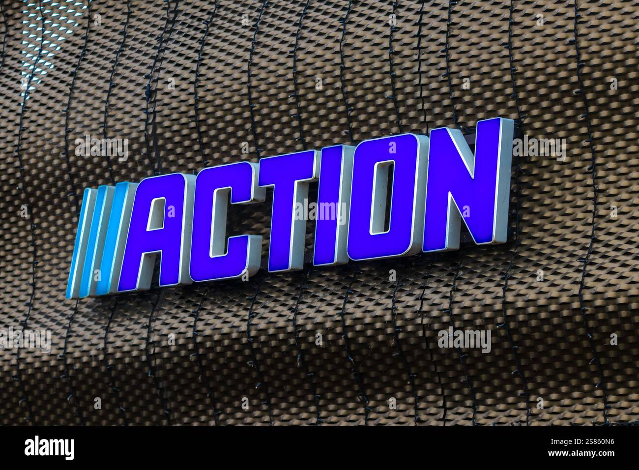 Action store logo. Action is a supermarket food and non-food shop. Utrecht in the Netherlands ...