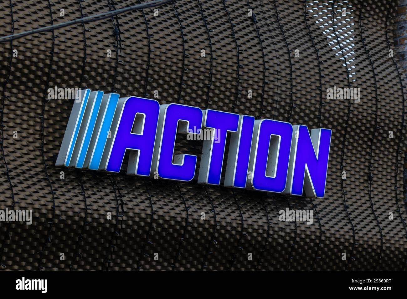 Action store logo. Action is a supermarket food and non-food shop. Utrecht in the Netherlands ...