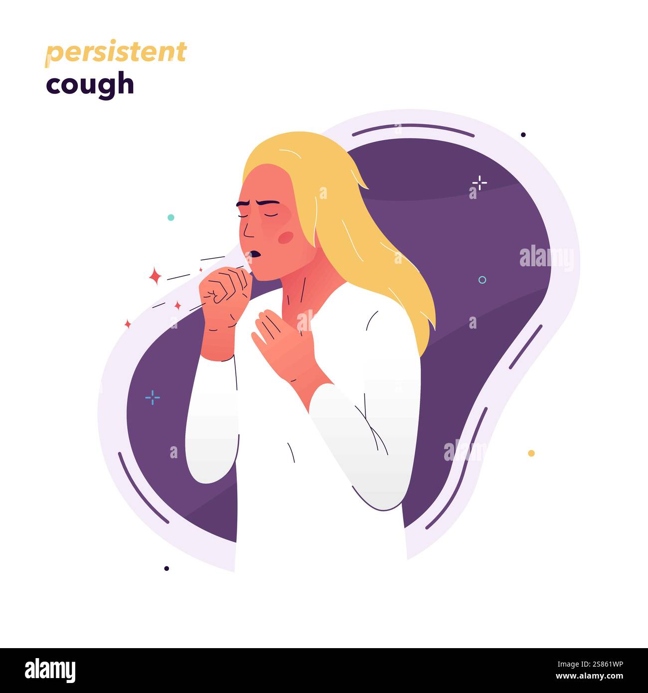Vector illustration of a girl suffering from a cough. Cough is a symptom of allergies, pneumonia ...