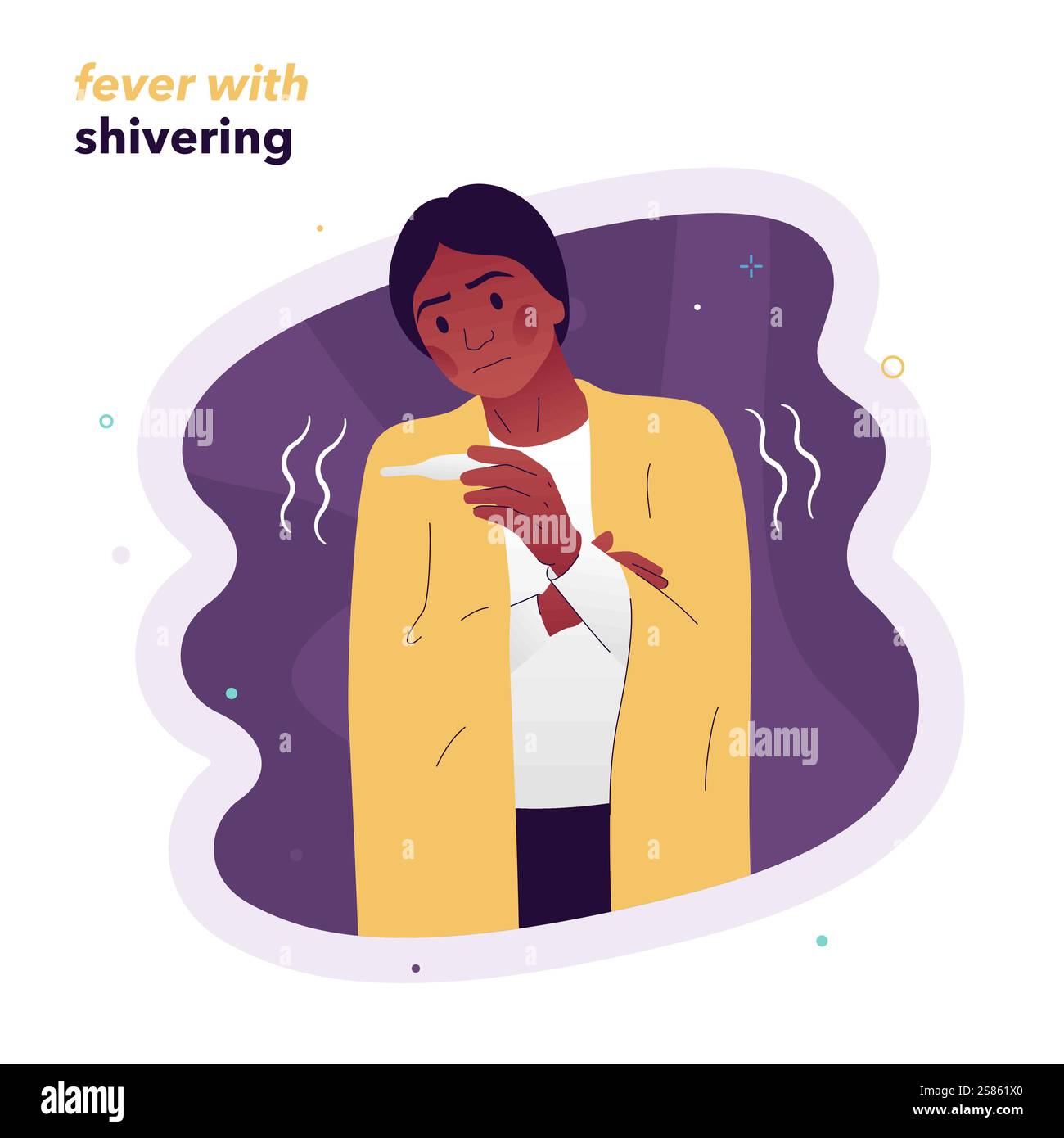 Vector illustration of a girl warming herself under a blanket holding a ...