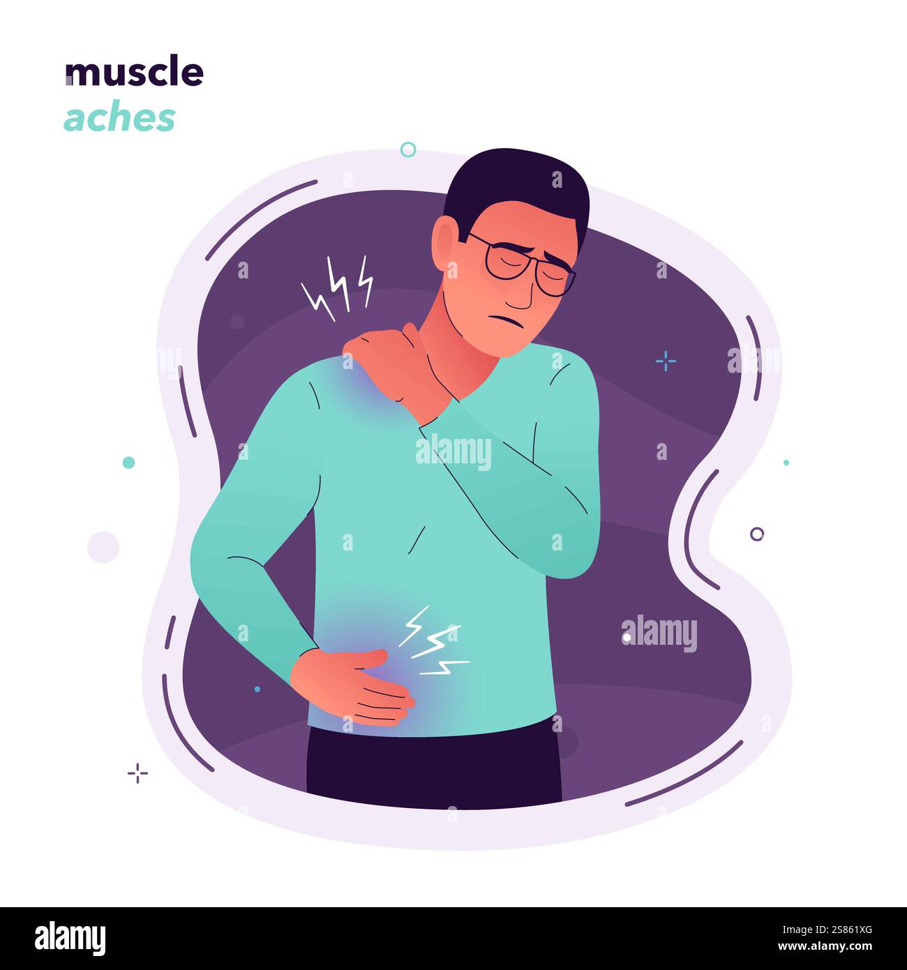 A man with glasses who holds his neck with his right hand and side with ...